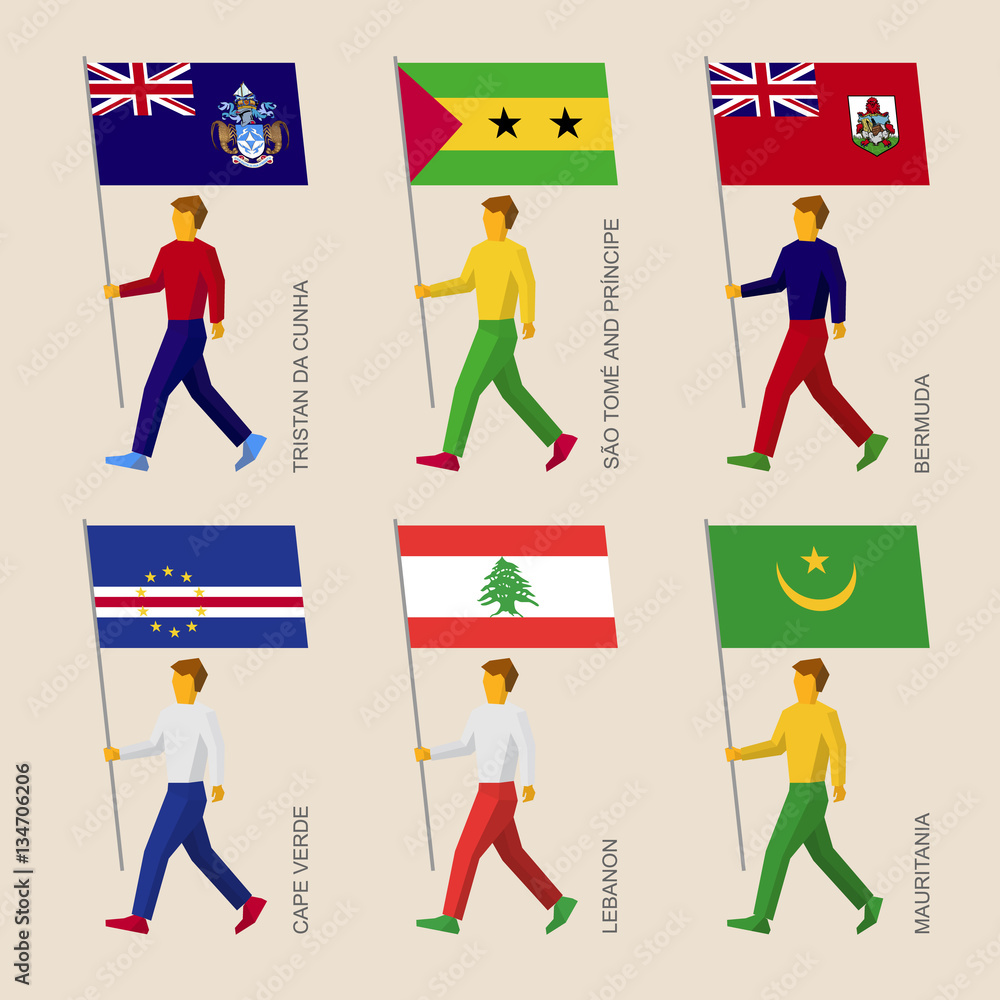 Set of simple flat people with flags of African countries and islands ...