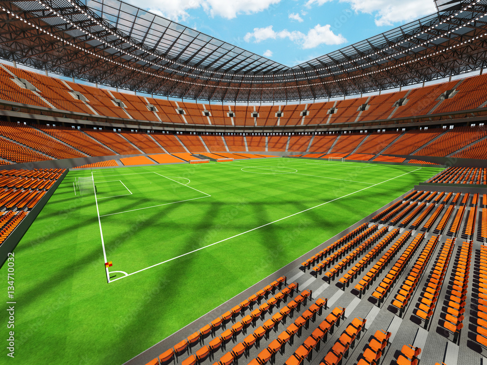 3D render of a round football - soccer stadium with orange seats and ...