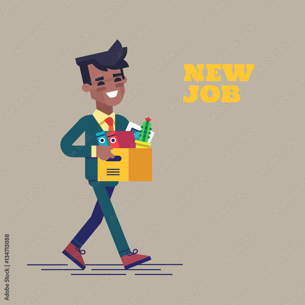 Successful smiling young black man going to the new job with box ...