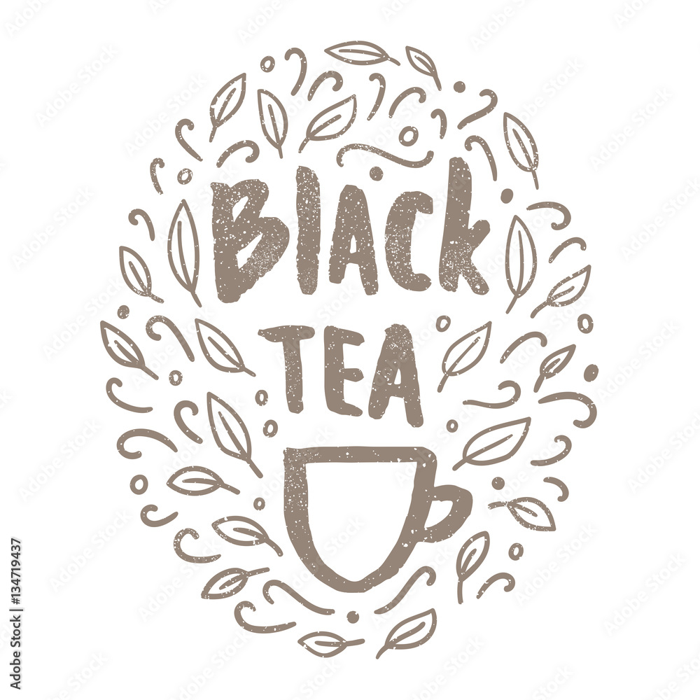 Black tea doodles. Lettering and hand drawn leaves. Vector hand drawn ...