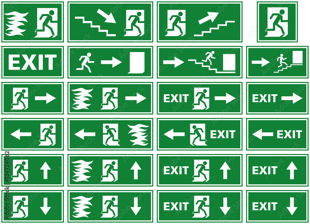 vector illustration symbol set of fire alarm plates / emergency exit ...