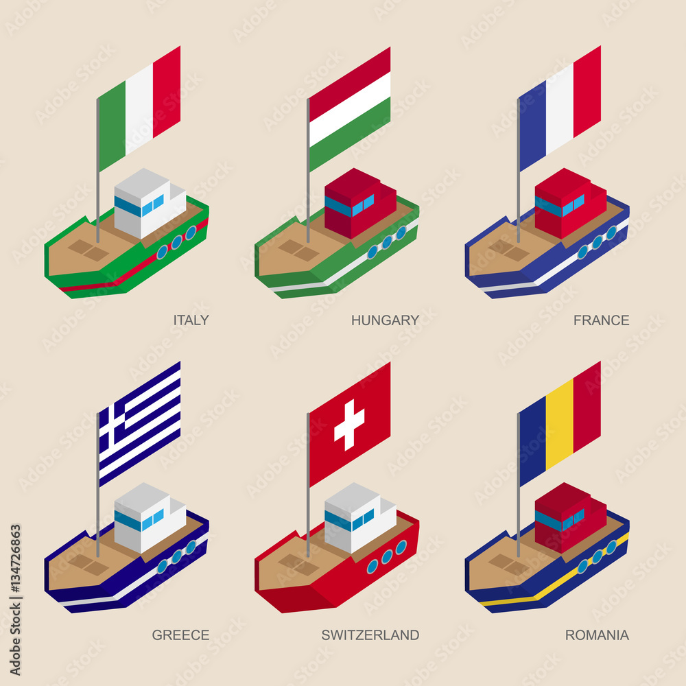 Set of isometric 3d ships with flags of European countries. Cartoon ...