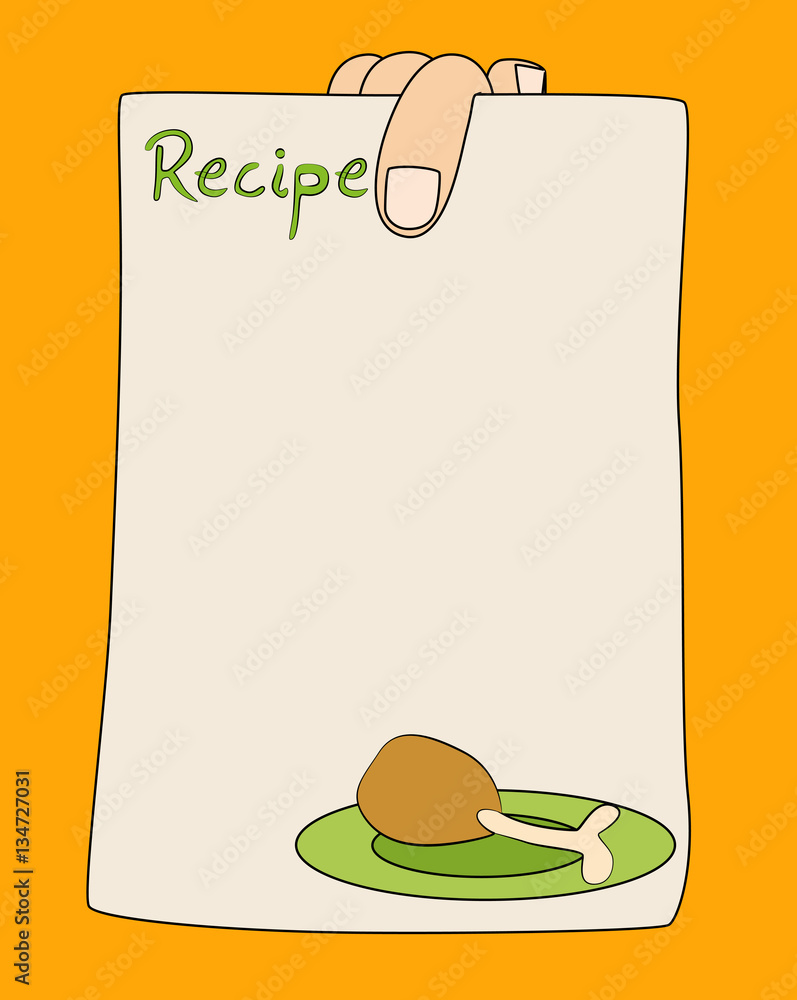Vector cartoon hand holding recipe card template with fried chicken ...
