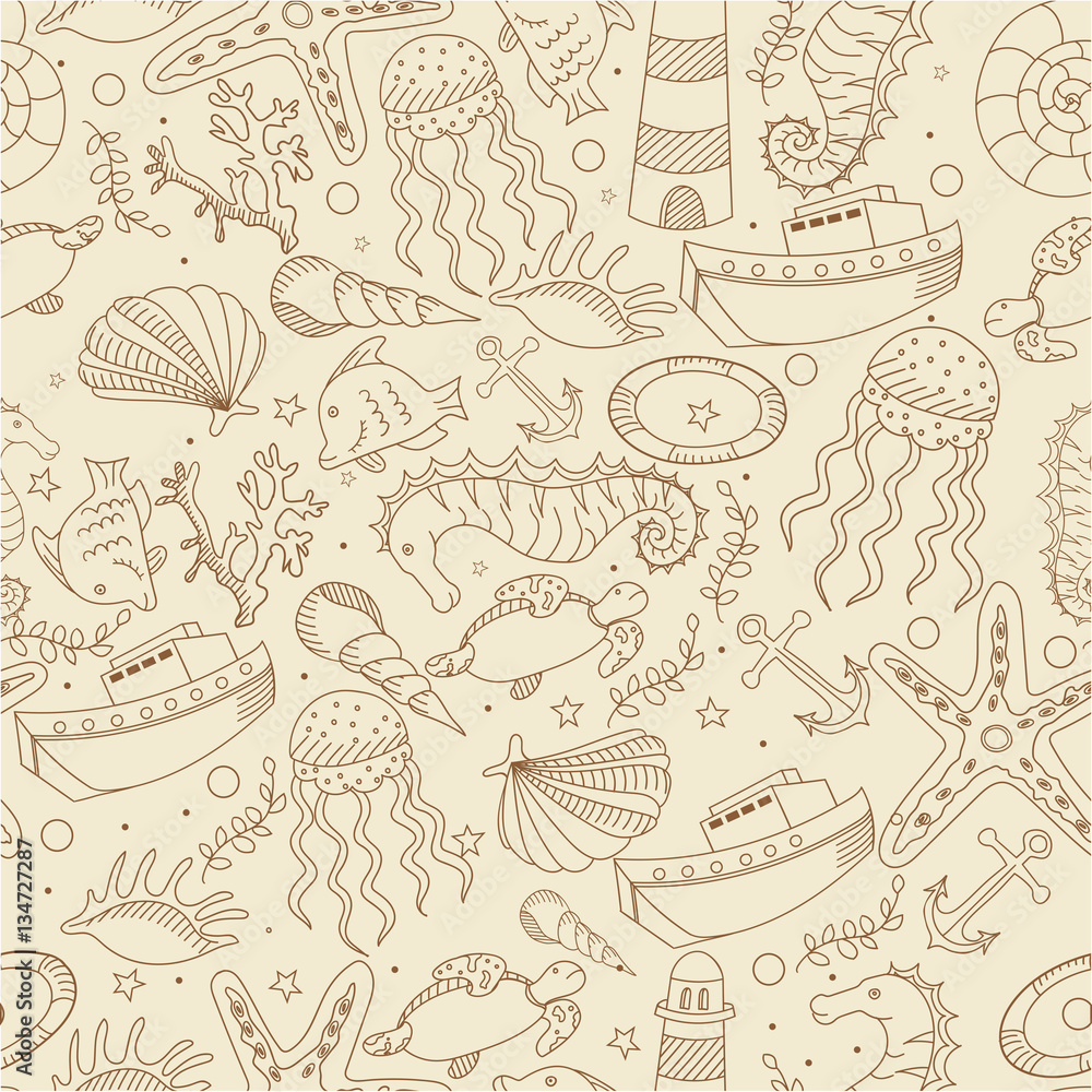 Sea line art design vector illustration seamless retro Stock Vector ...