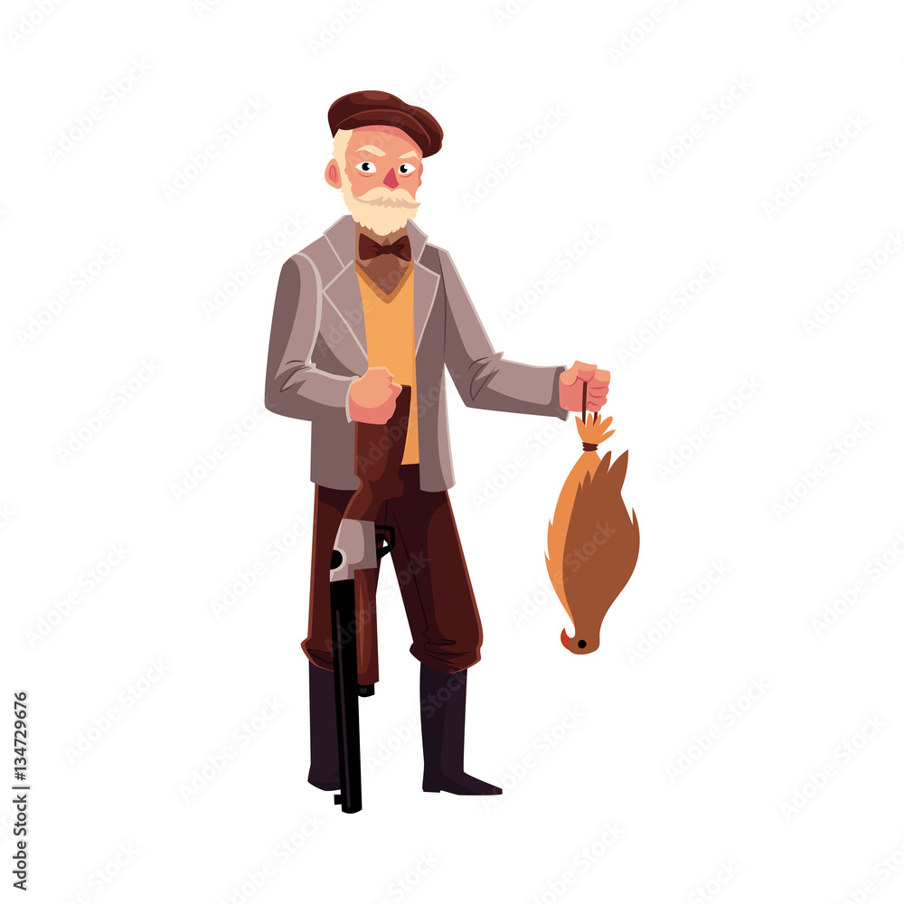 Funny hunter in jacket standing, holding rifle and falcon, cartoon ...