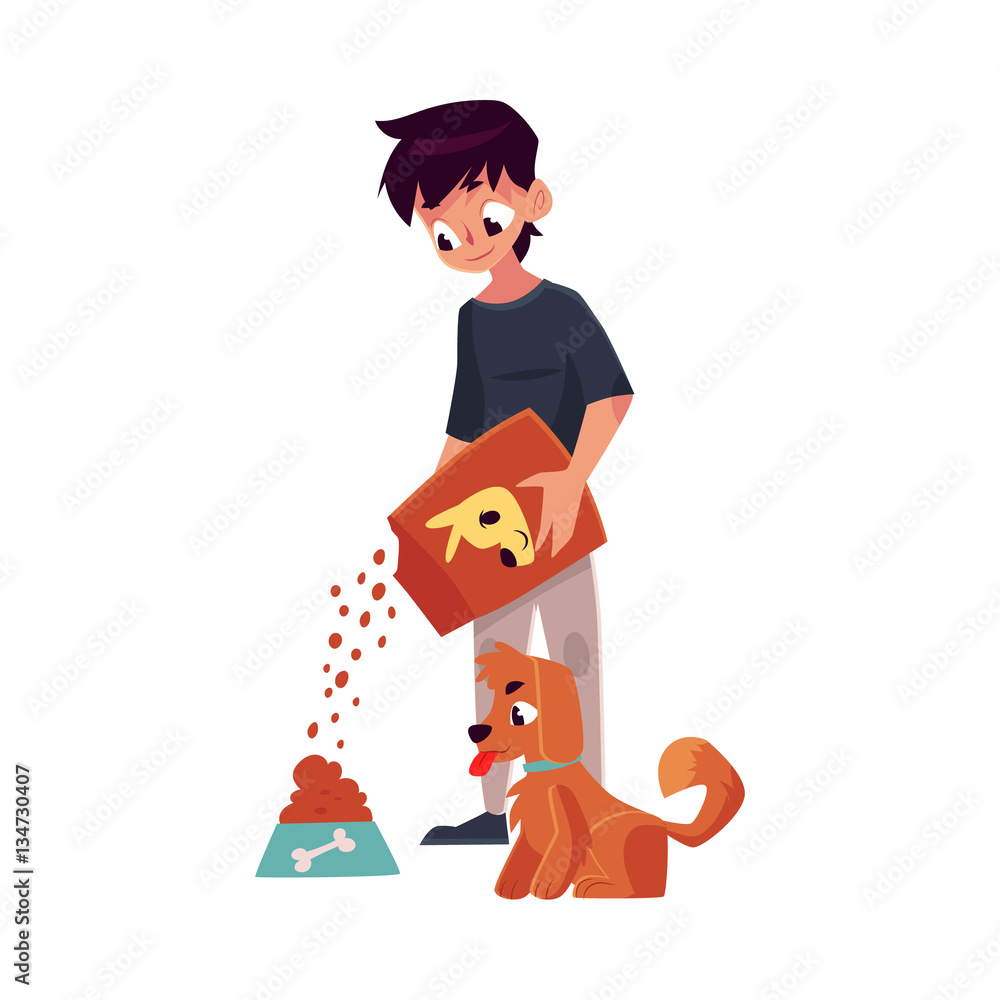 Teenage boy giving food to his puppy, dog, cartoon vector illustration ...
