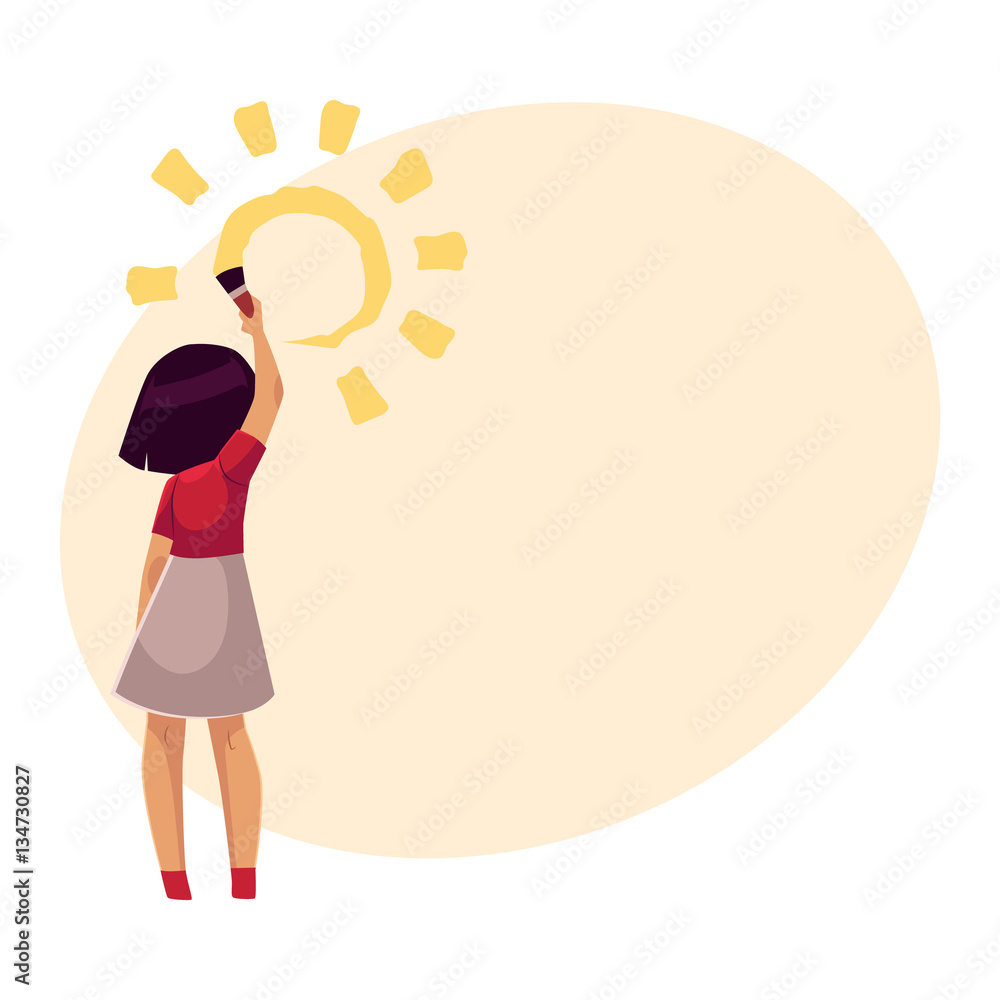 Full length portrait of little girl standing and drawing sun on the ...