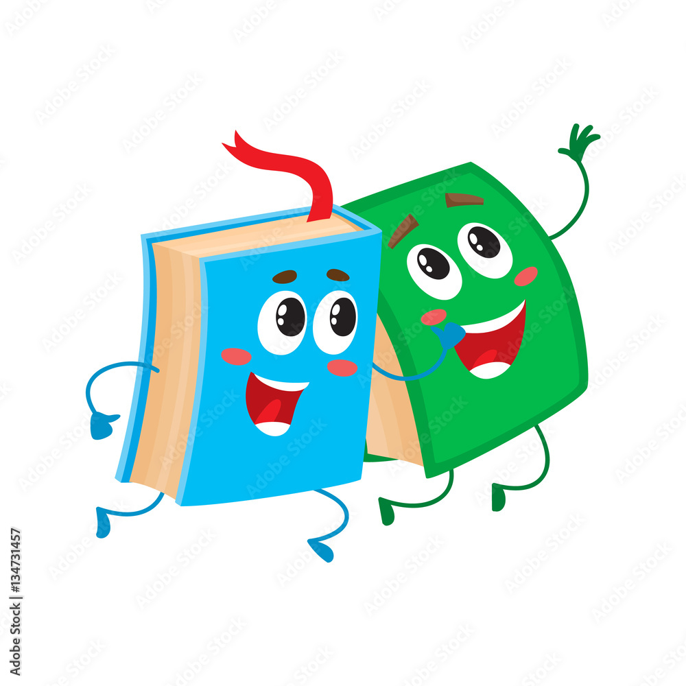 Two funny book characters running happily together, cartoon vector ...