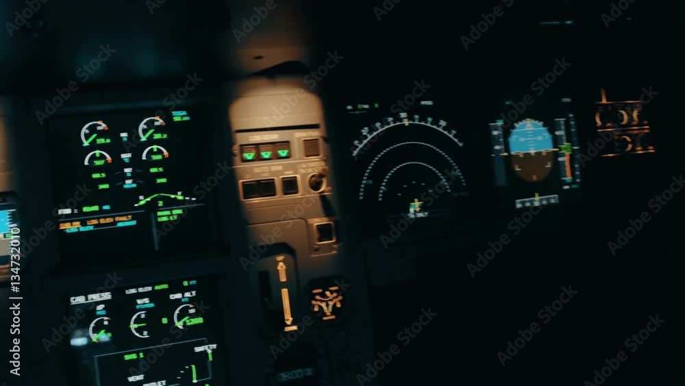 Close shot and panorama of aircraft cabin or cockpit with EFIS. Flight ...