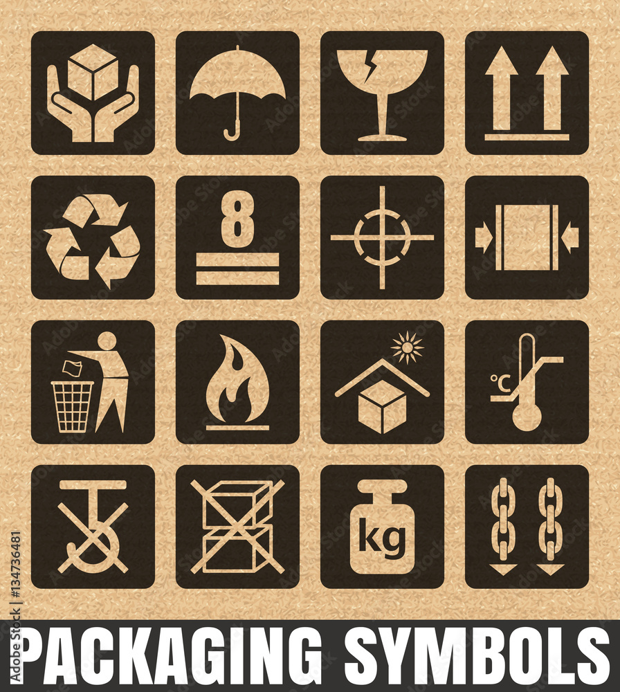 Packaging signs on a cardboard background including Fragile, Handle ...