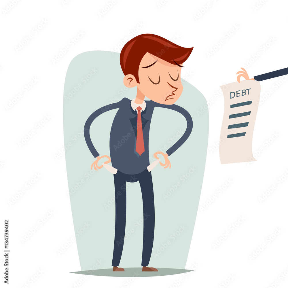 Debt Out of Money Businessman Cartoon Character Looking Bill Icon Retro ...