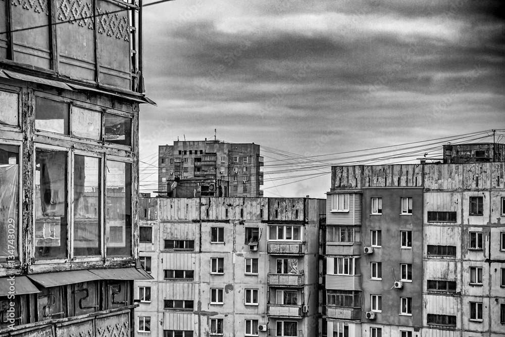 district of poor residential buildings, architecture background, dark ...