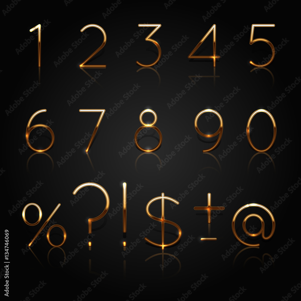 Golden numbers. Set of golden numbers and punctuation marks isolated on ...