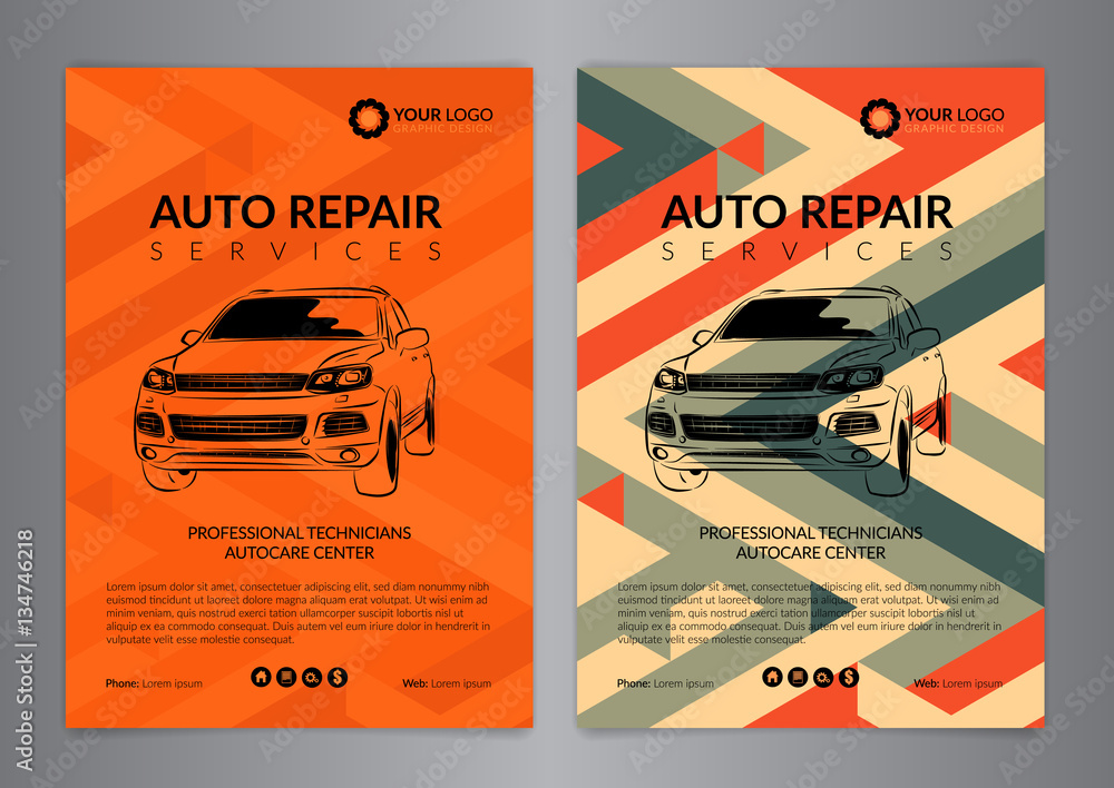 Set auto repair business layout templates, automobile magazine cover ...