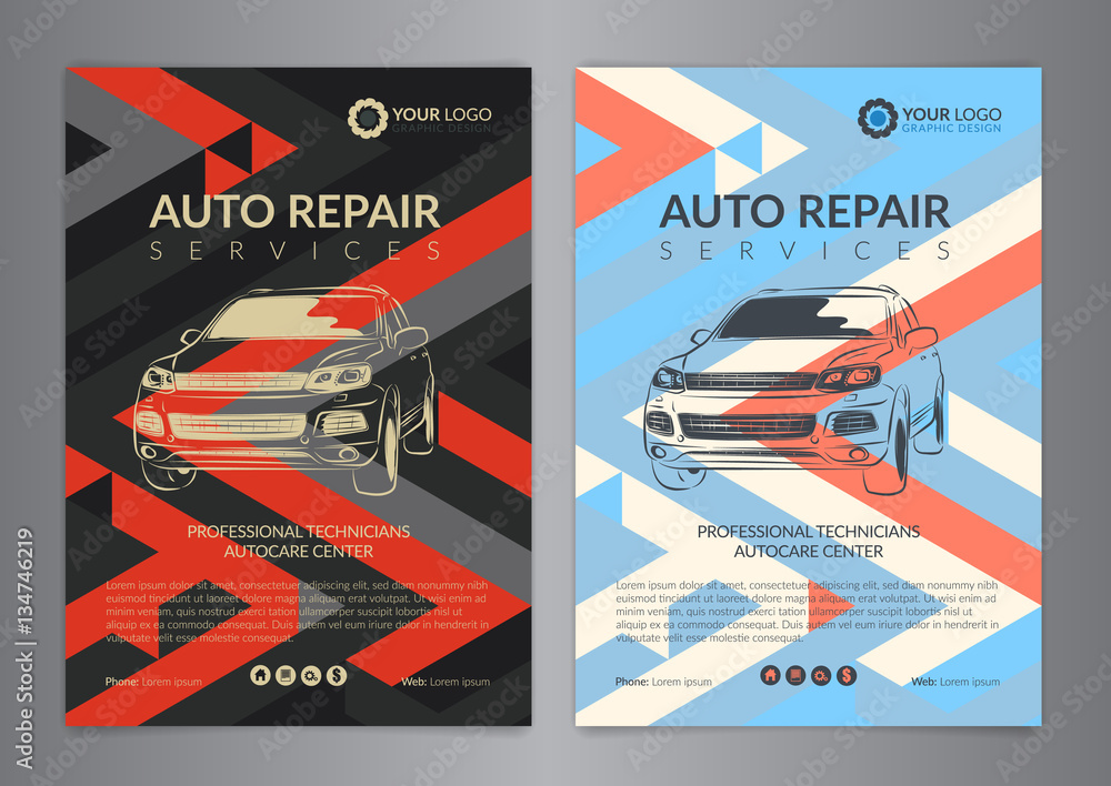 Set auto repair business layout templates, automobile magazine cover ...
