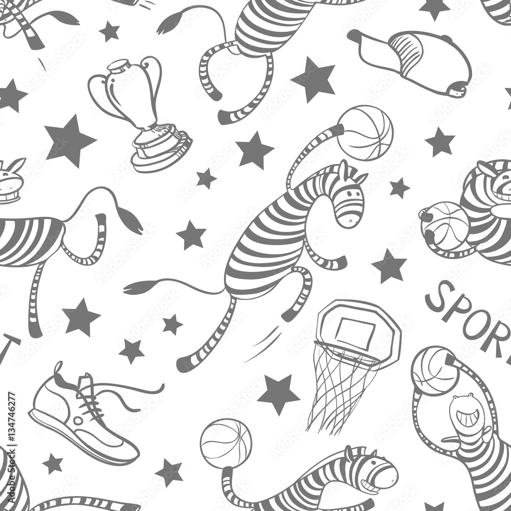 Basketball game seamless pattern with doodle cute zebra player. Stock ...