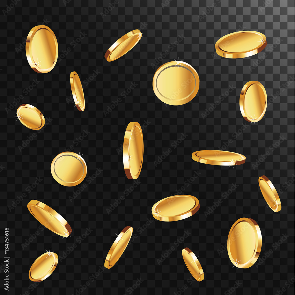 3d gold coins falling on transparent background. Highlights on the ...