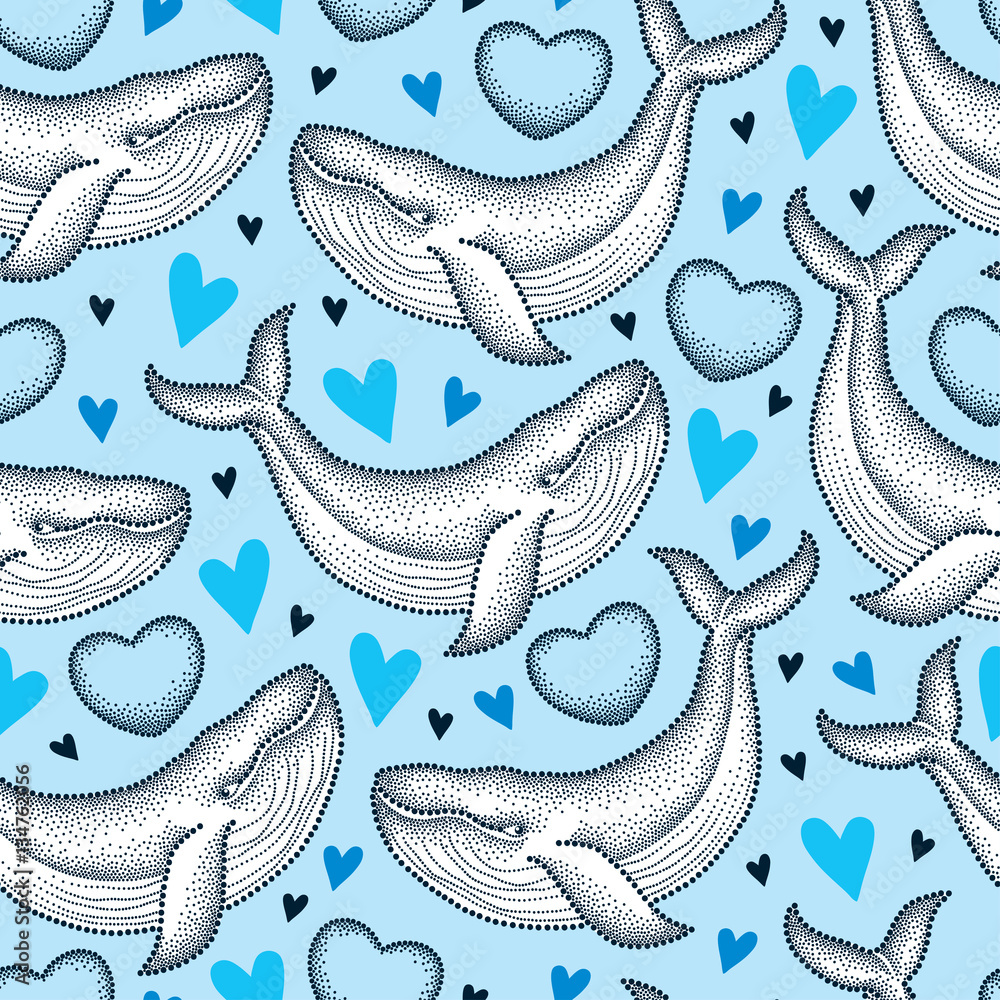 Vector seamless pattern with dotted humpback whale and heart on the ...