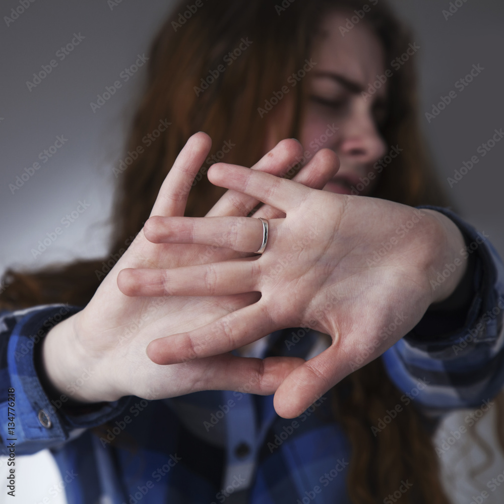Sad woman scared putting hand in front of face (Gestures, body l Stock ...