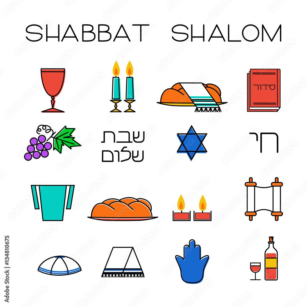 Shabbat symbols set. Linear icons. Hebrew text Shabbat Shalom . Vector ...