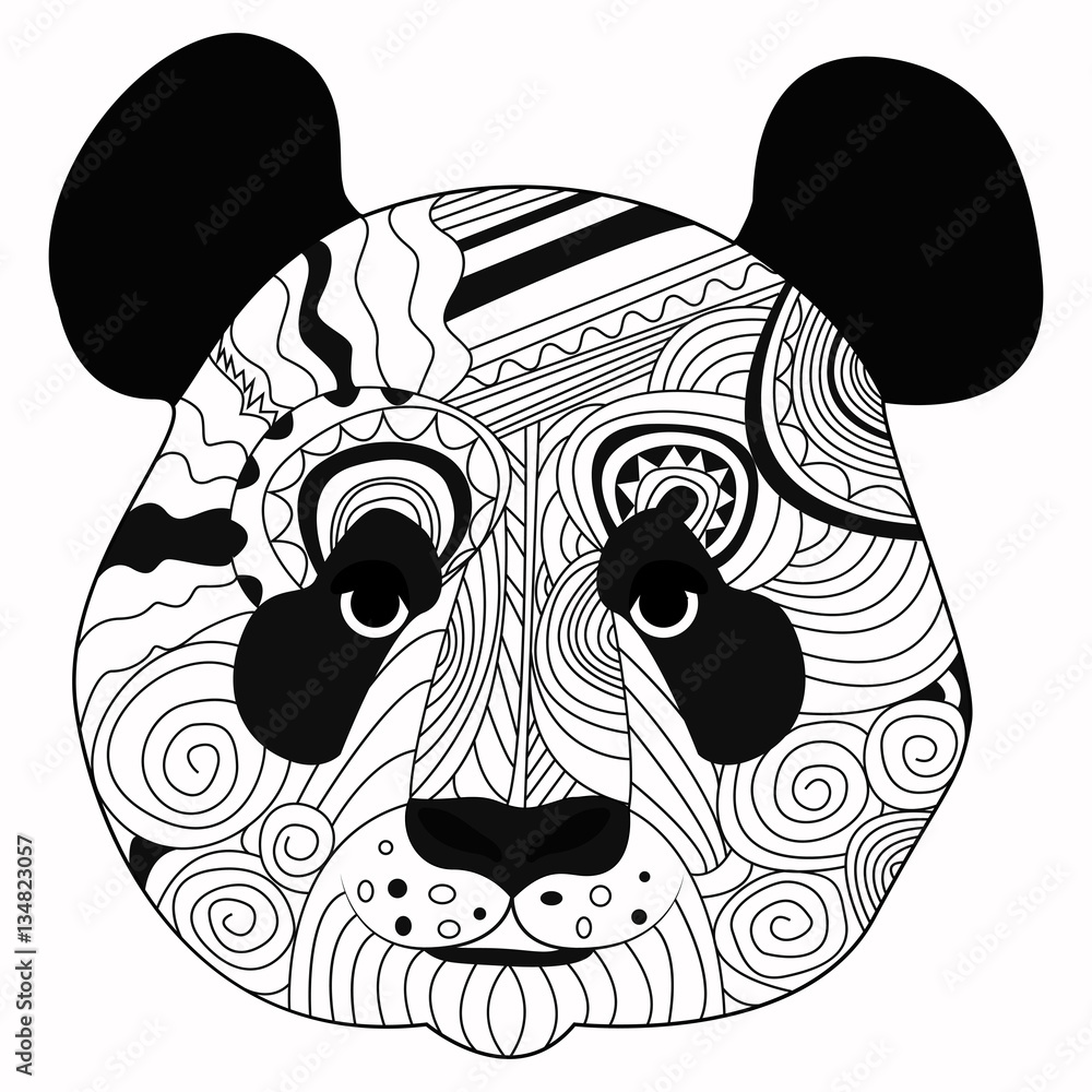 Line art hand drawing black panda isolated on white background. Dudling ...