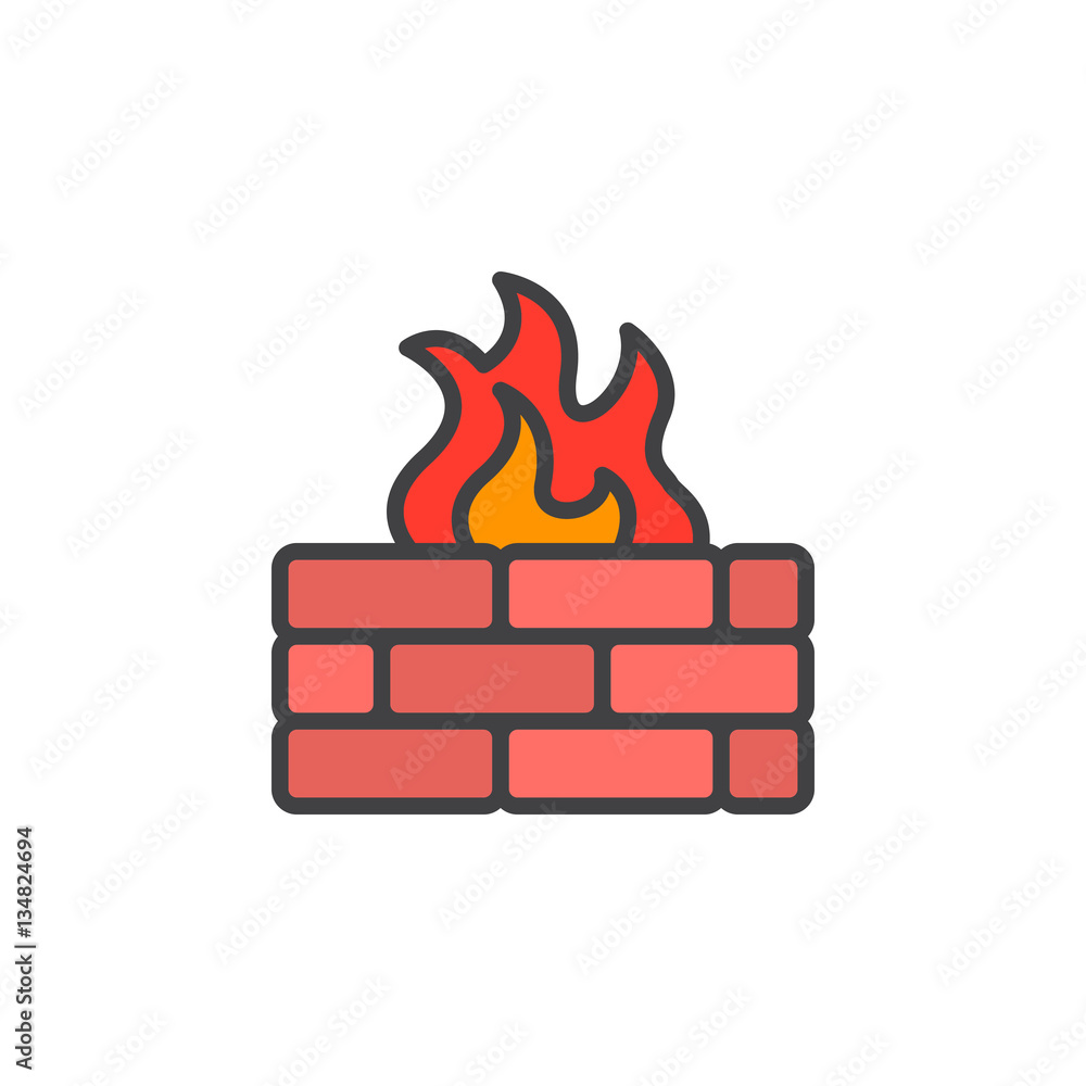 Brick wall and fire line icon, filled outline vector sign, linear ...