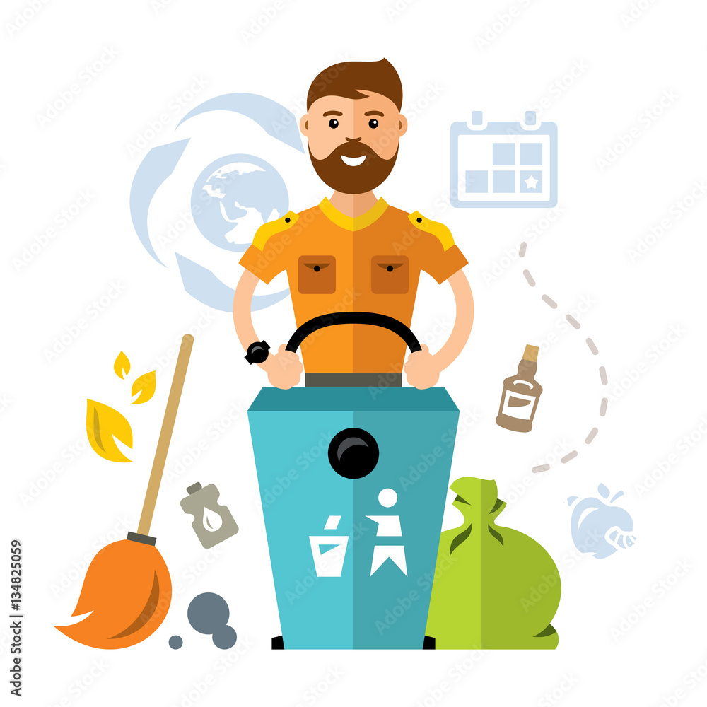 Vector garbage collector. Flat style colorful Cartoon illustration ...