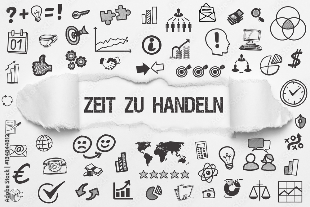 Illustrazione Stock Zeit zu handeln / weißes Papier mit Symbole | Adobe ...