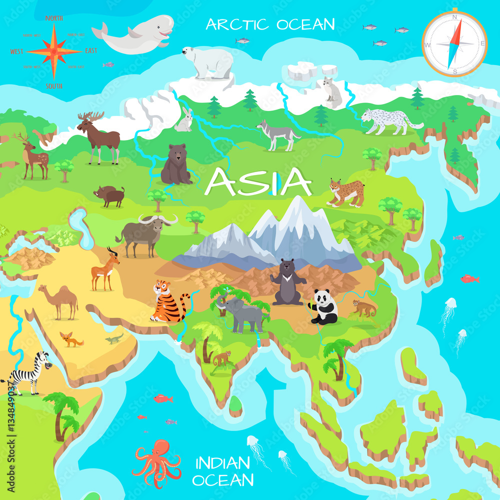 Asia Mainland Cartoon Map with Fauna Species Stock Vector | Adobe Stock