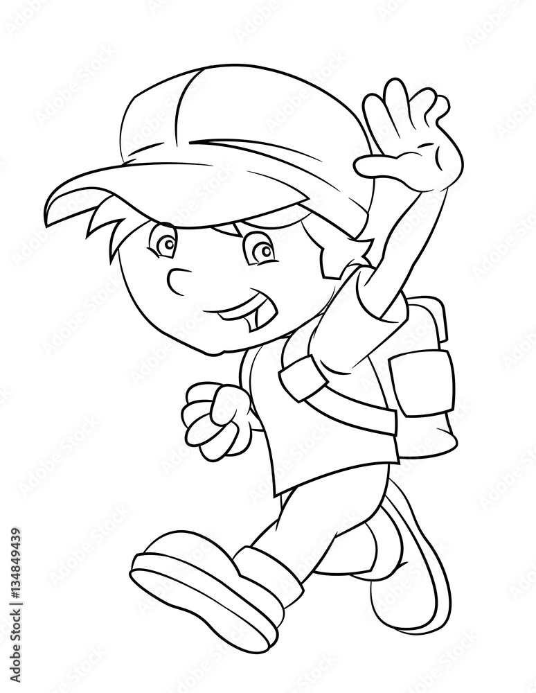 Cartoon boy looking running and smiling - coloring page - illustration ...