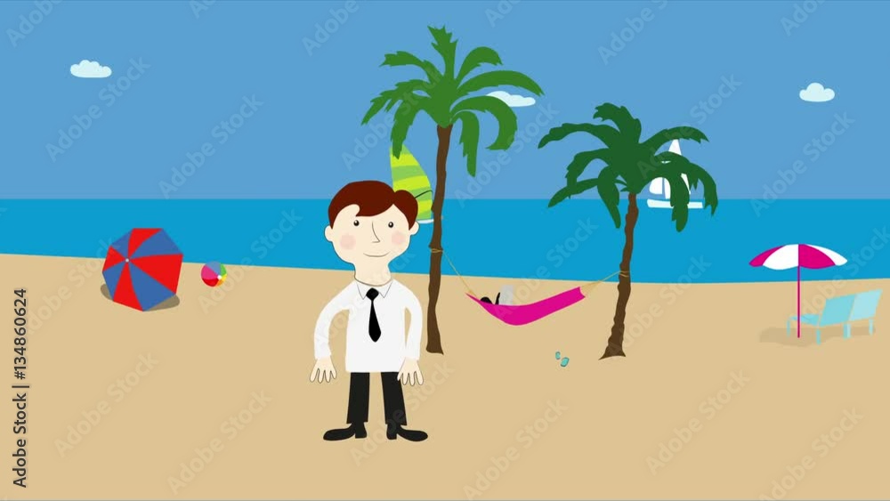 Business man on beach. Summer vacation by the sea. Animation with ...