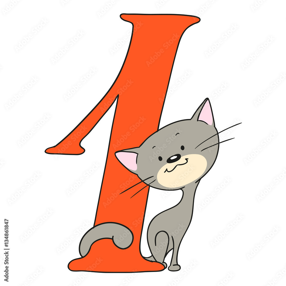Number one. Fun with numbers and animals. Kitten and figure. Isolated ...