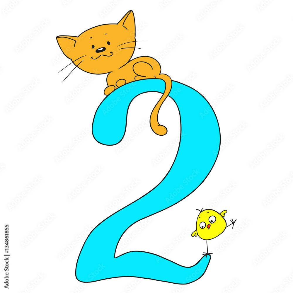 Number two. Cheerful greetings. Figures and animals. Kitten and chicken ...