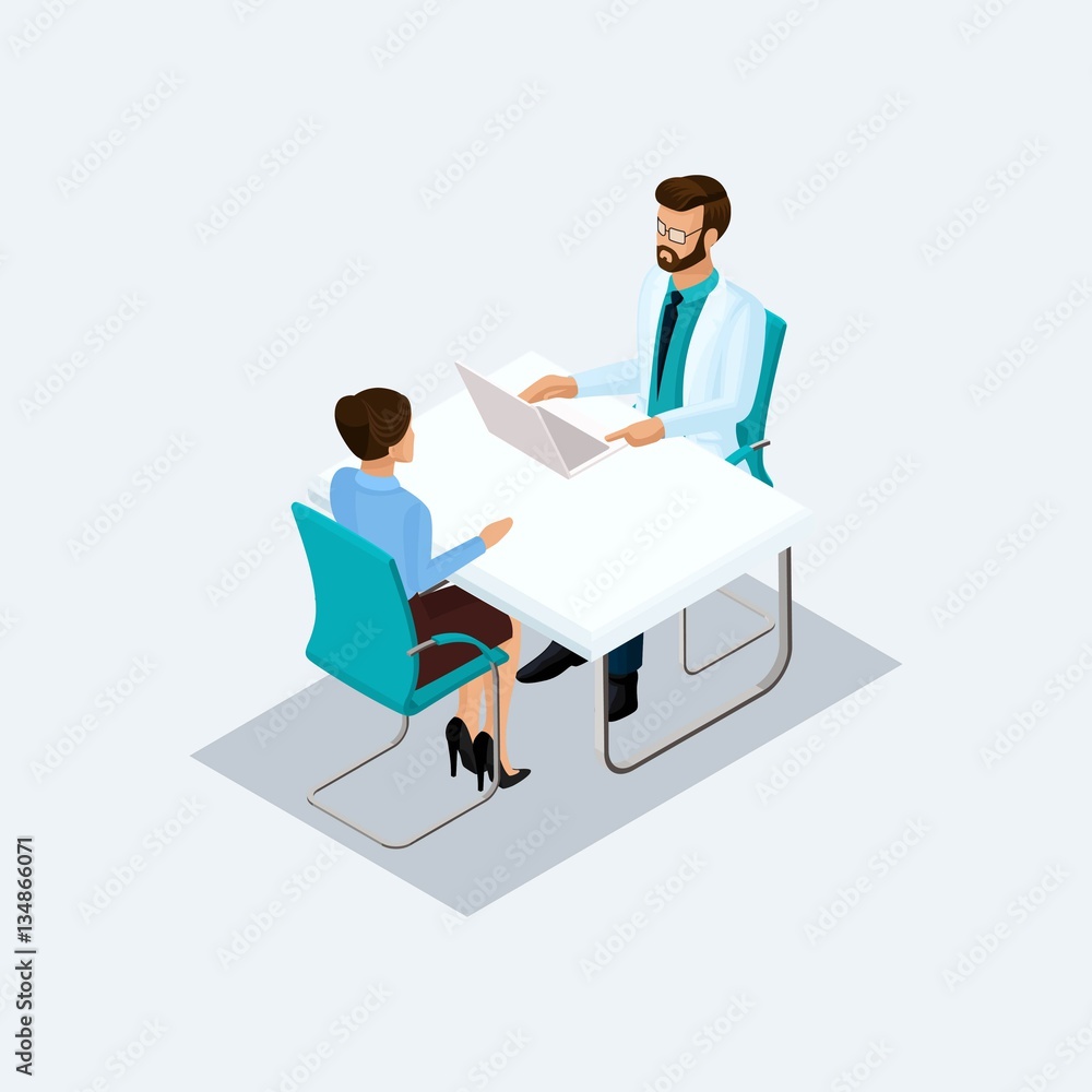 Isometric doctor takes the patient's surgeon, talking at a table ...