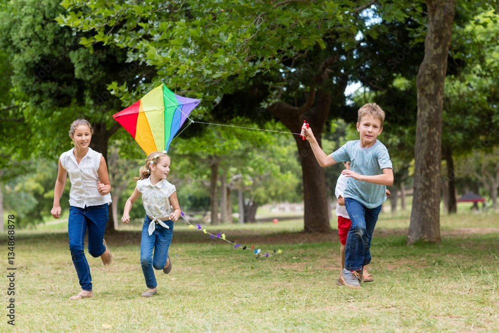 Kids playing with a kite in park Stock Photo | Adobe Stock