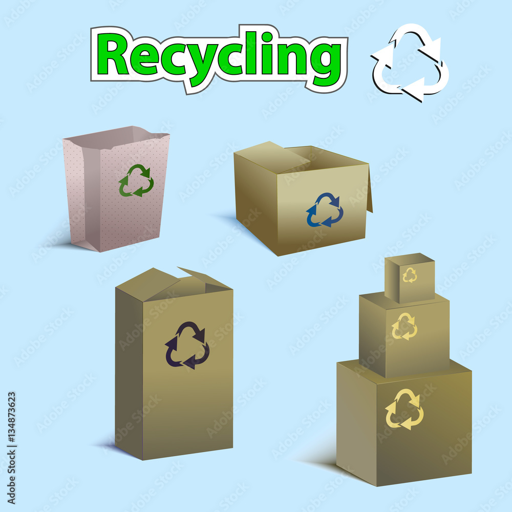 Recycled paper set. Opened and closed cardboard box isolated. Recycling ...