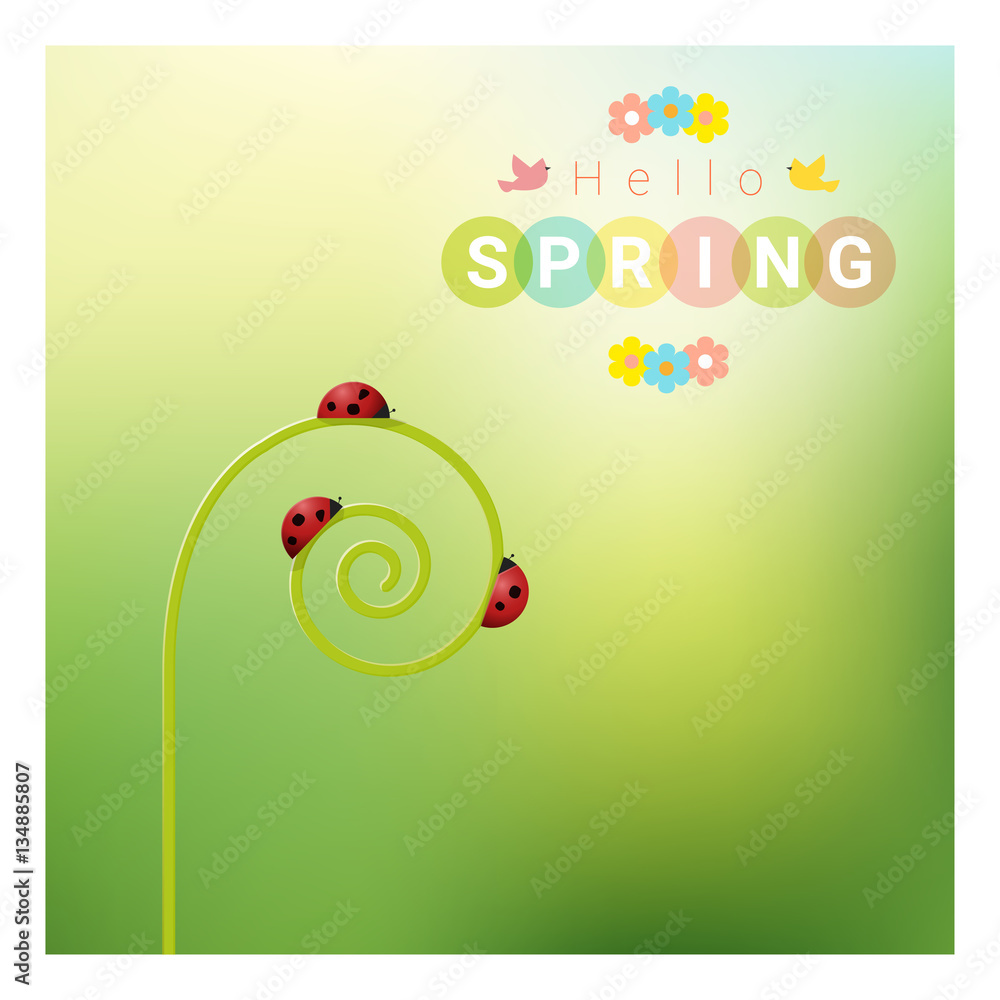 Hello spring background with red ladybugs , vector , illustration Stock ...