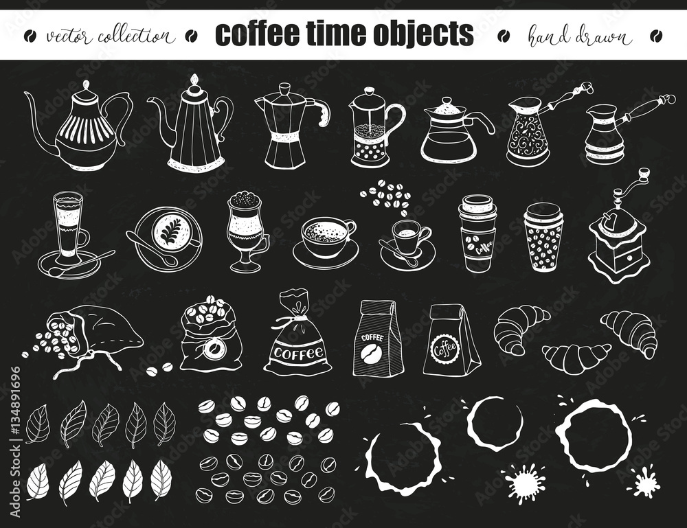 Hand drawn coffee time objects collection. Doodle coffee pots, cups and ...
