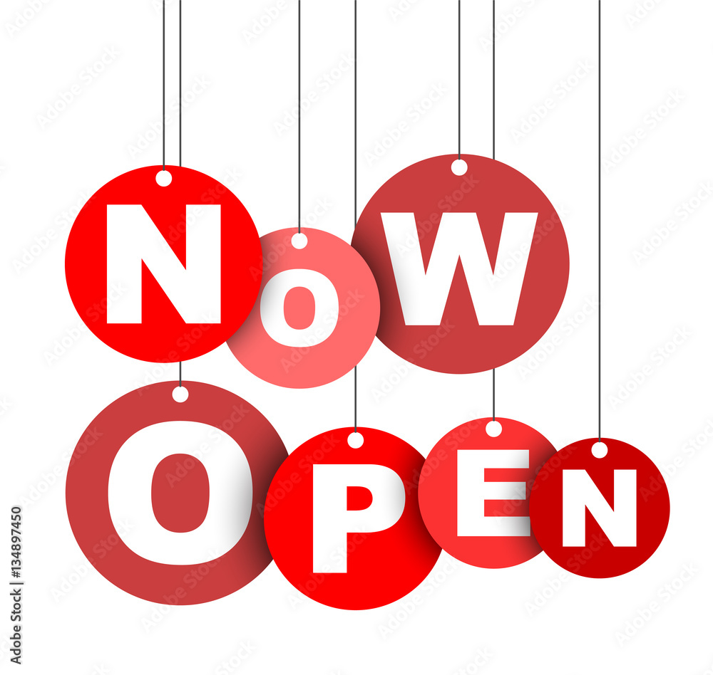 Red easy vector illustration isolated circle tag banner now open. This ...