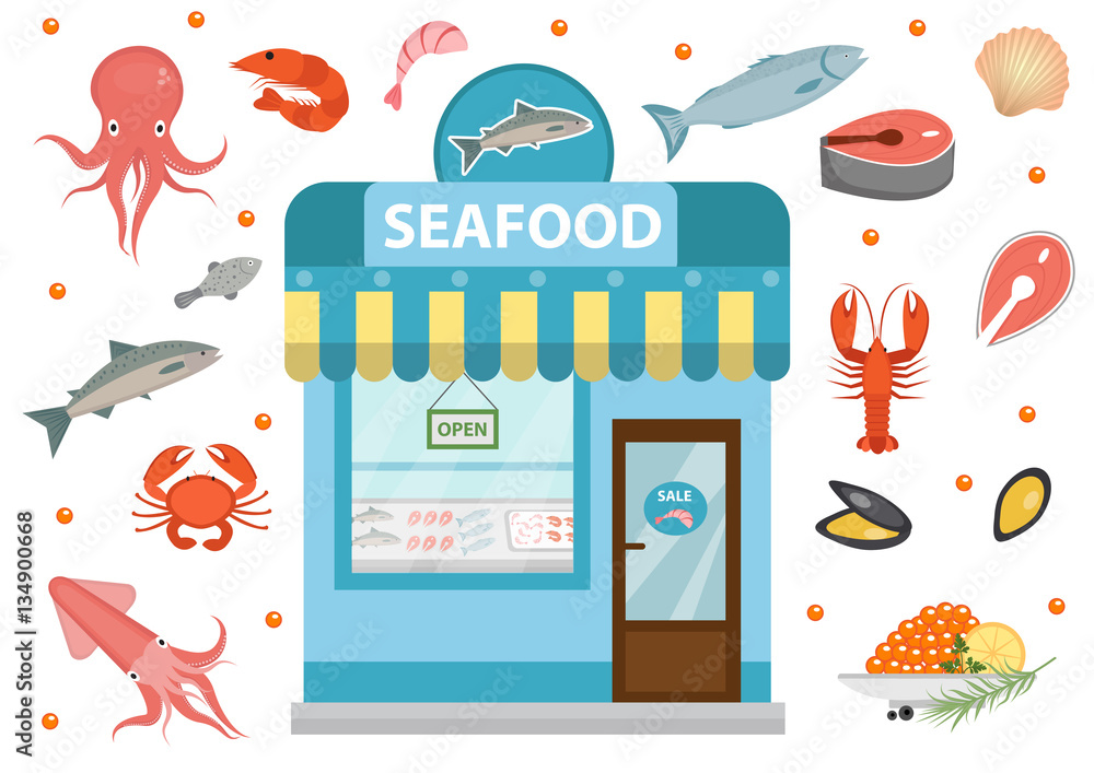 Seafood icons set with seafood shop building, fish, octopus, squid ...