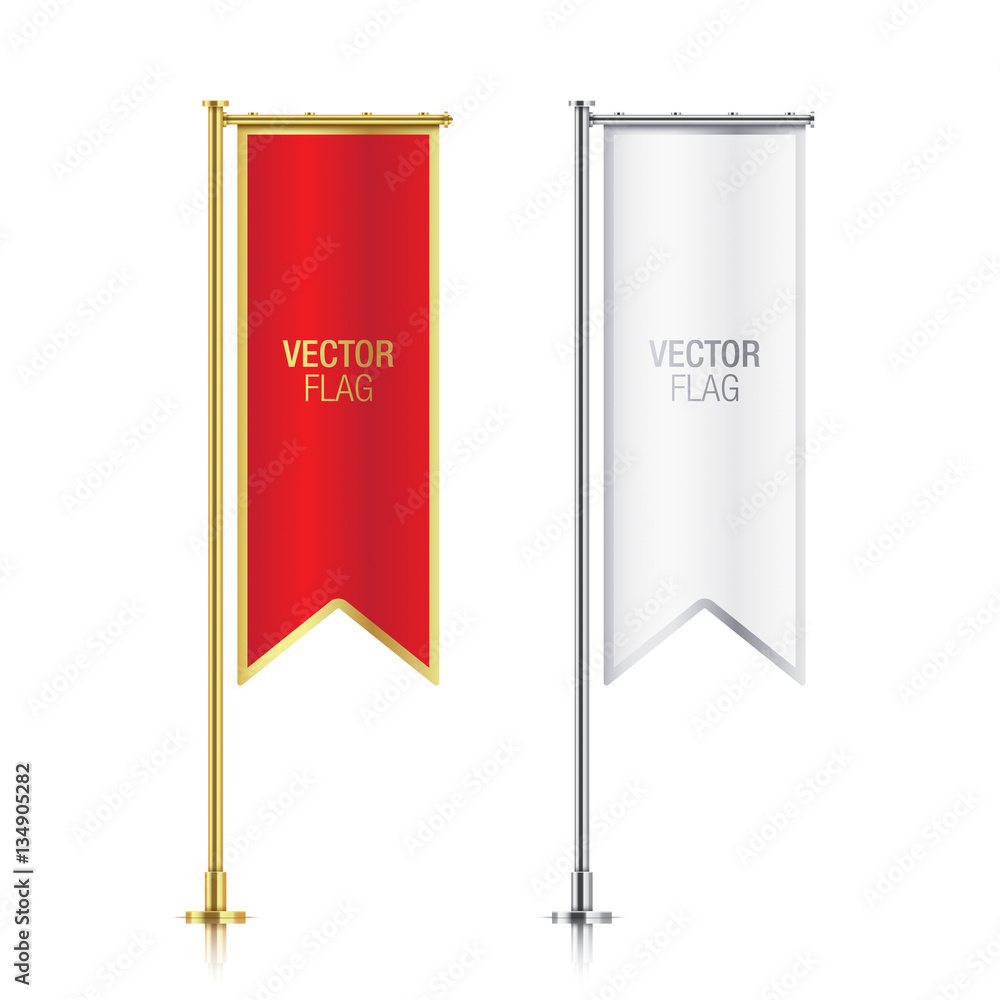 Set of red and white vector banner flag templates, hanging on a golden ...