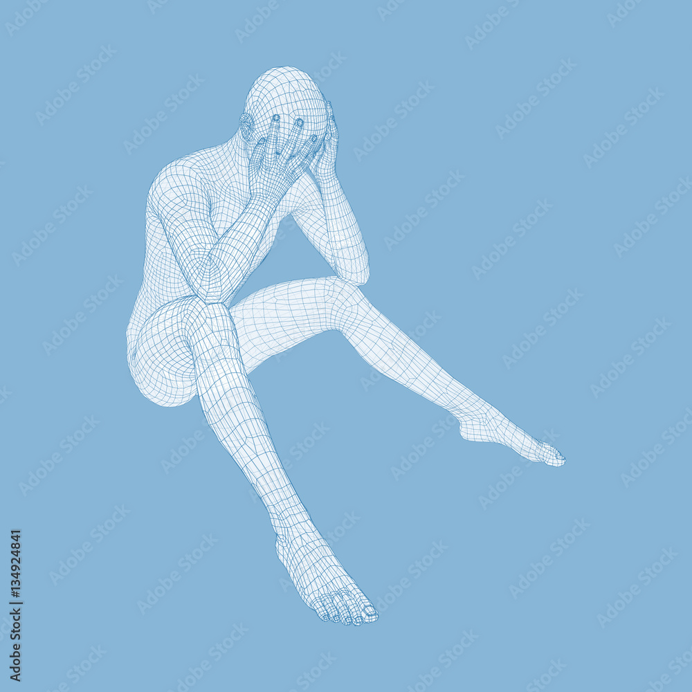 Miserable Depressed Man Sitting and Thinking. 3D Model of Man. Stock ...