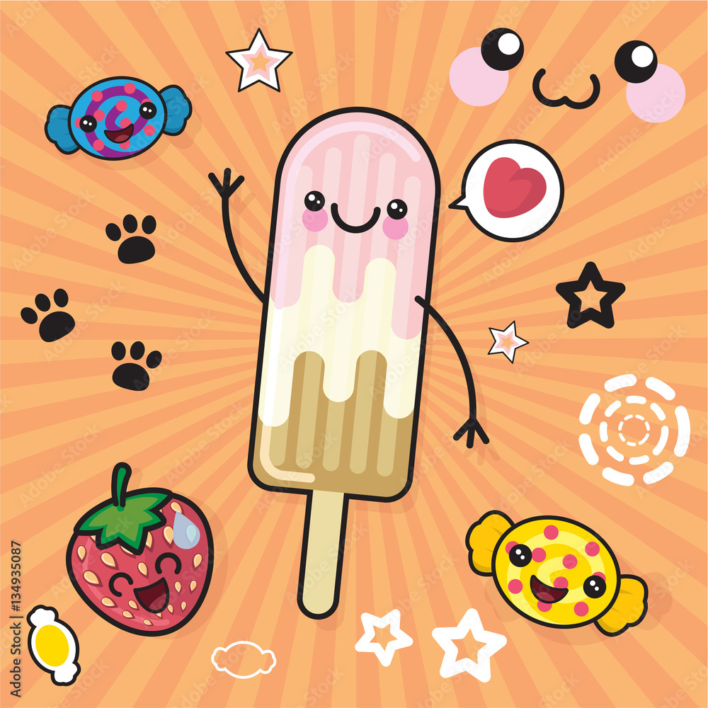 vector illustration kawaii style ice cream popsicles, candy, sweets on ...