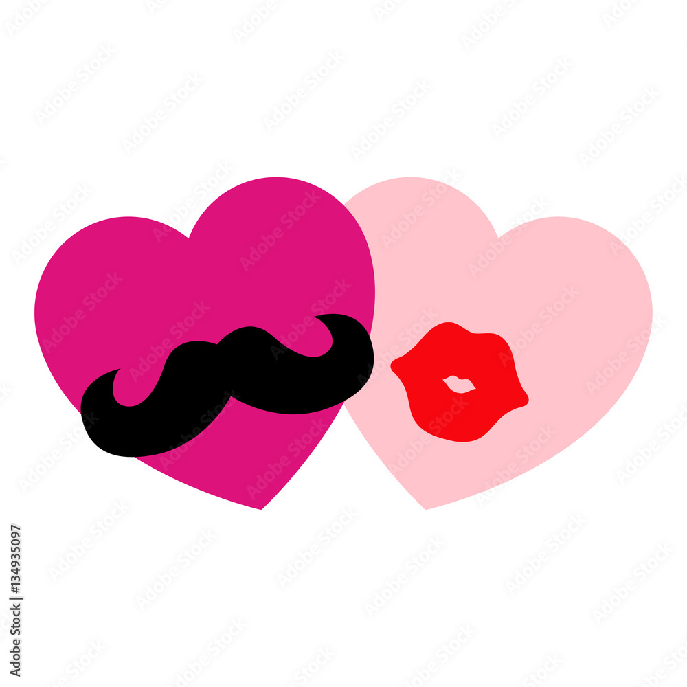 Icono plano corazon con bigote y labios color en fondo blanco Stock Vector | Adobe Stock