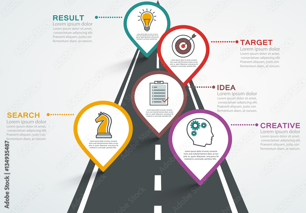 Road infographic with pointers, timeline with 5 steps. Stepping ...