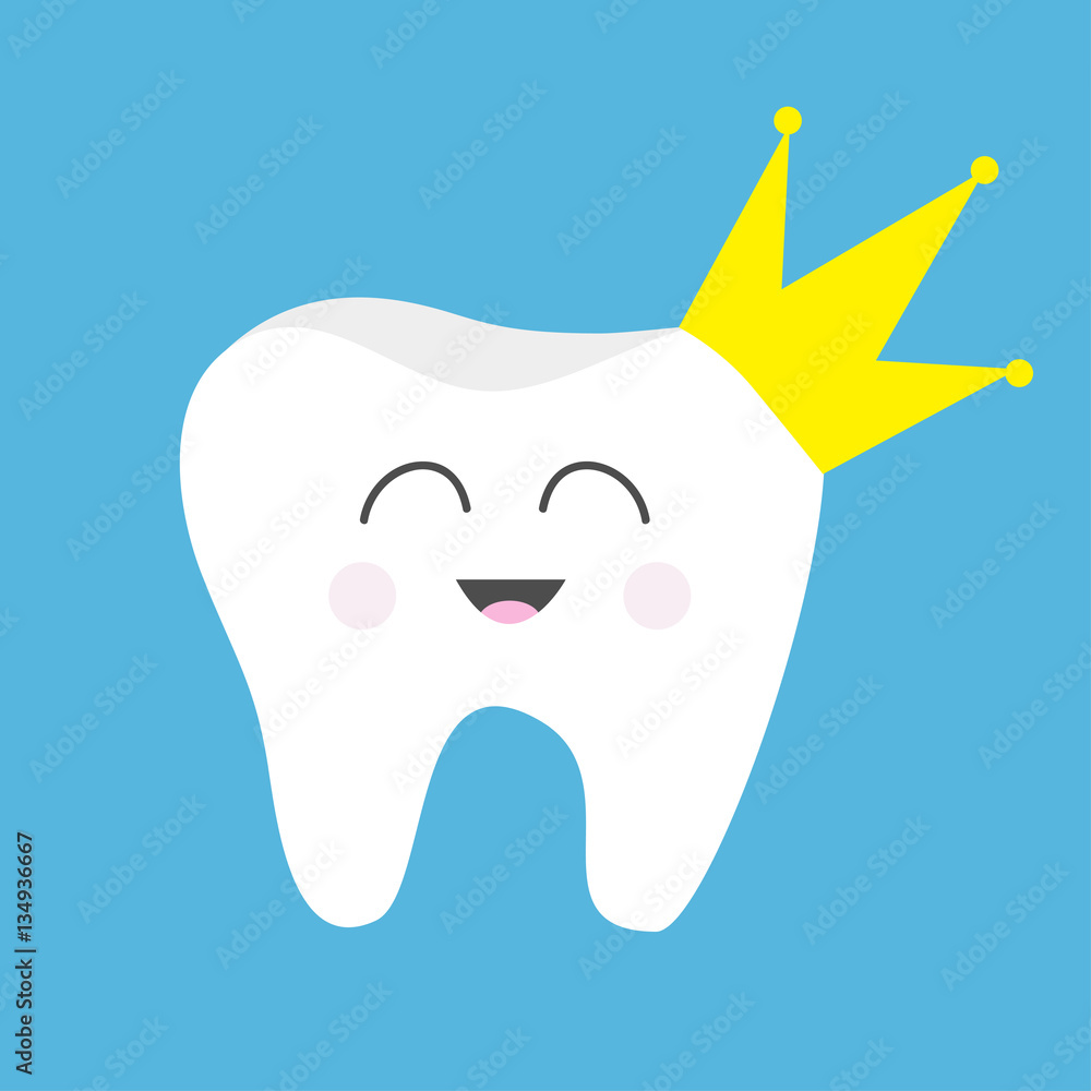 Tooth health icon Yellow crown. Cute funny cartoon smiling character ...
