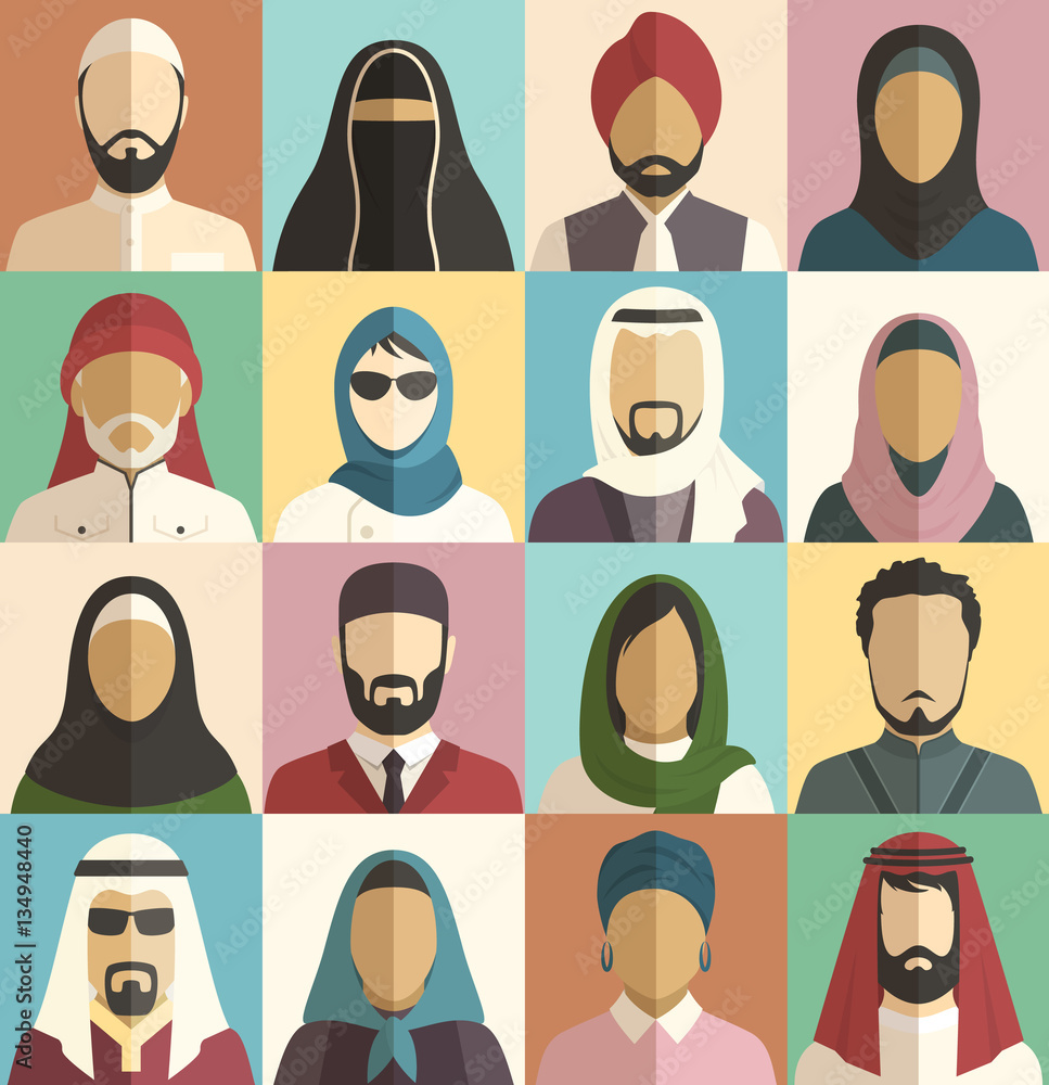 Set of Muslim Islamic People Faces Avatars Characters Icons Stock ...