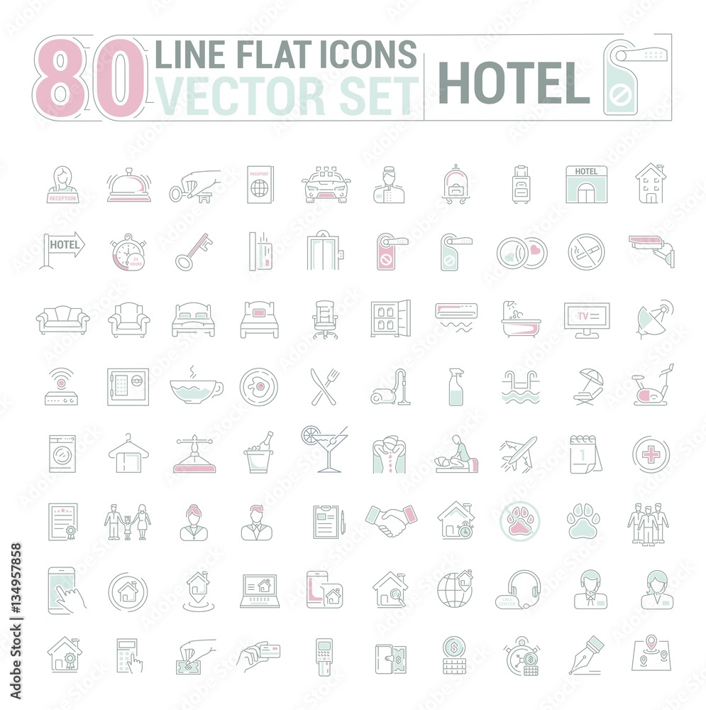 Vector graphic set.Icons in flat, contour,thin and linear design.Hotel ...