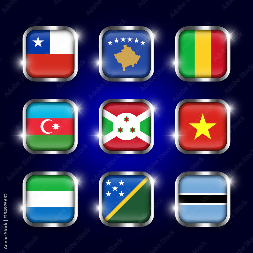 Set of world flags quadrangular glass buttons with steel border and ...