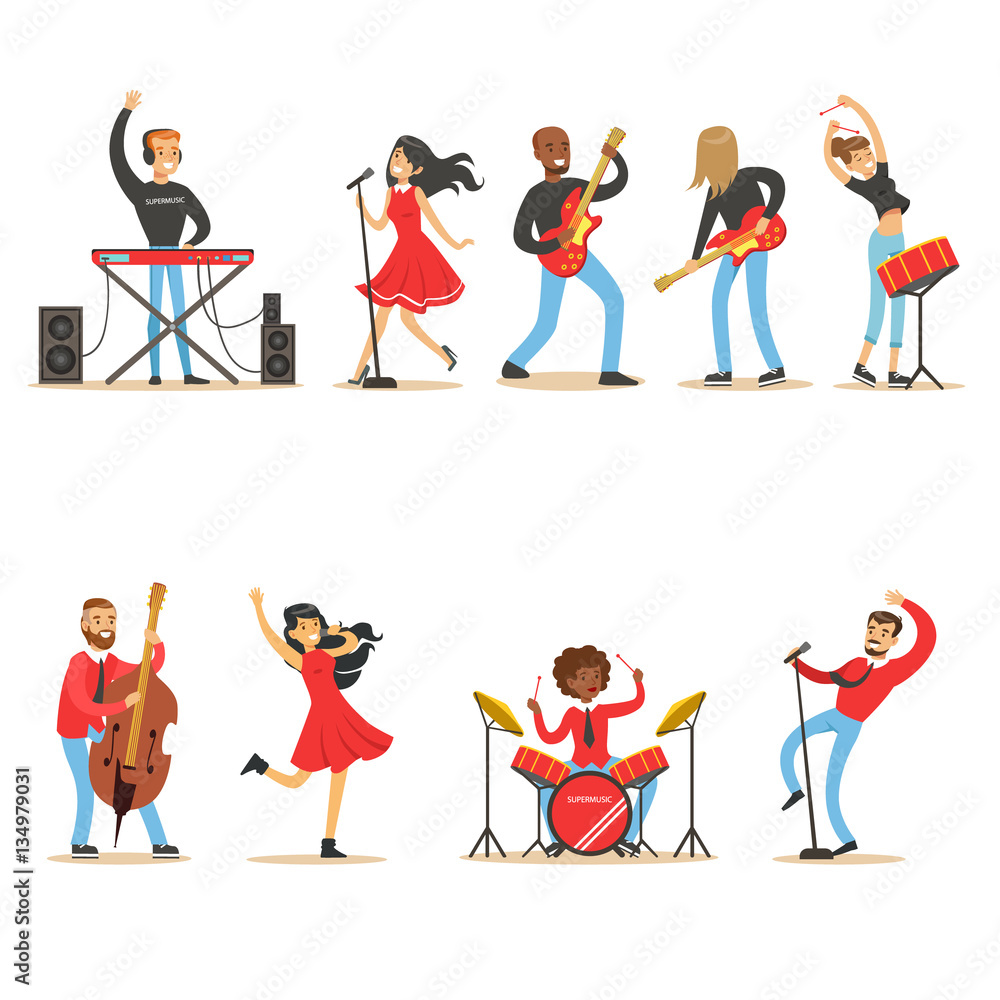 Artists Playing Music Instruments And Singing On Stage Concert Set Of ...